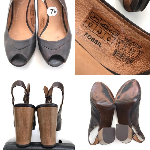 Fossil | Shoes | Fossil Brown Leather Pep Toe Block Wooden Heels | Poshmark